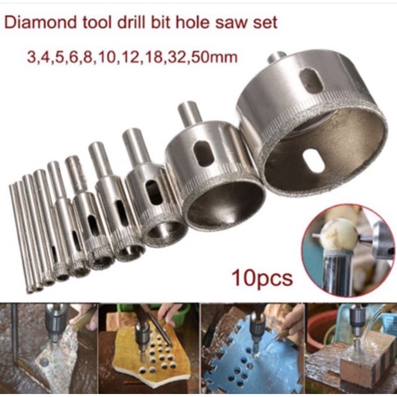 Jual Mata bor kaca set 10 pcs ukuran 3 sampai 50 mm potong lingkaran ...