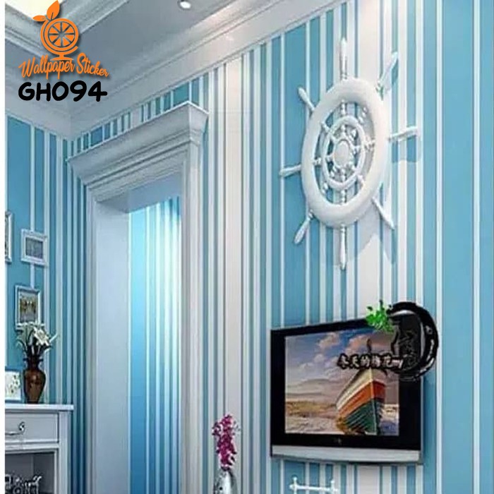 Jual Homewallpaper Wallpaper Sticker Dinding Garis Salur Biru