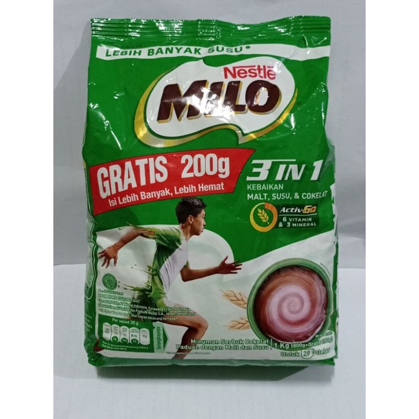 Jual Milo 3 in 1 Active go 1 kg (800 gr + free 200 gr) | Shopee Indonesia