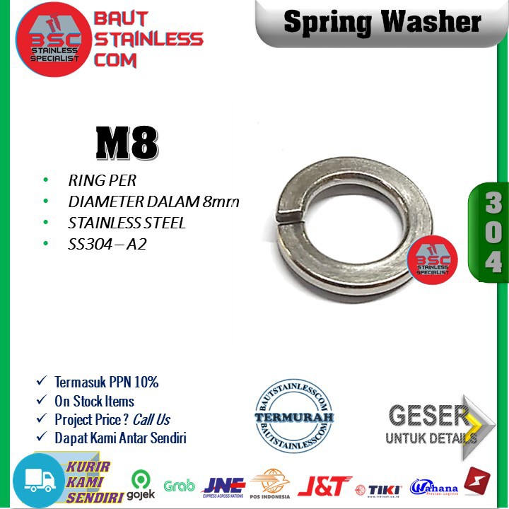 Jual RING PER M8 SPRING WASHER STAINLESS SS304 A2 ISI 10 PCS | Shopee ...