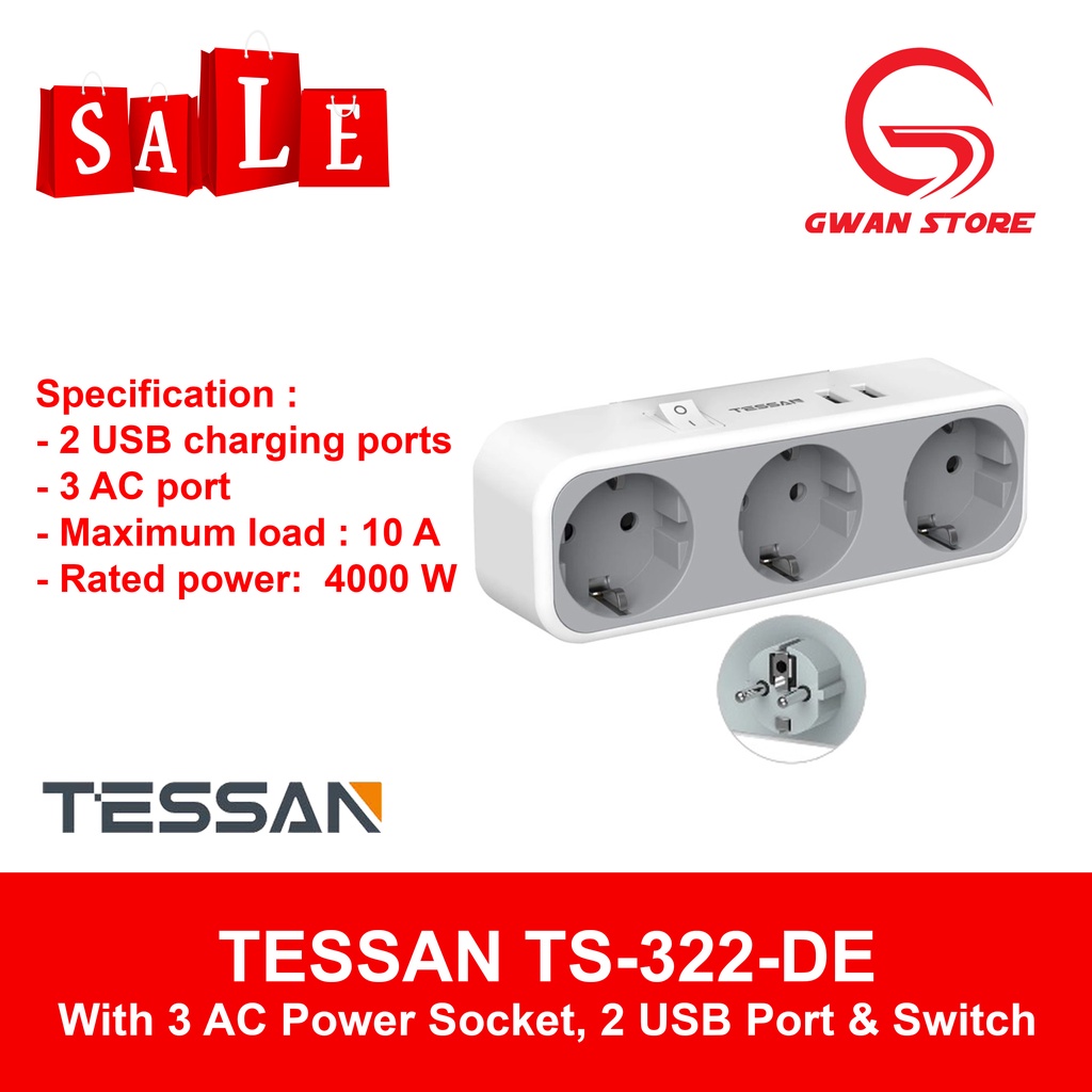 Jual TESSAN TS-322-DE TS 322 DE TS322DE Stop Kontak 3 AC Power Socket ...