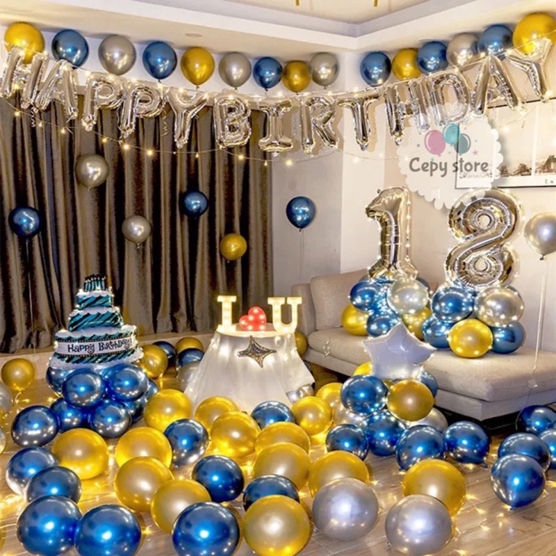 Jual Paket Dekorasi Balon Ulang Tahun / Set Balon Silver Gold Biru Cake ...