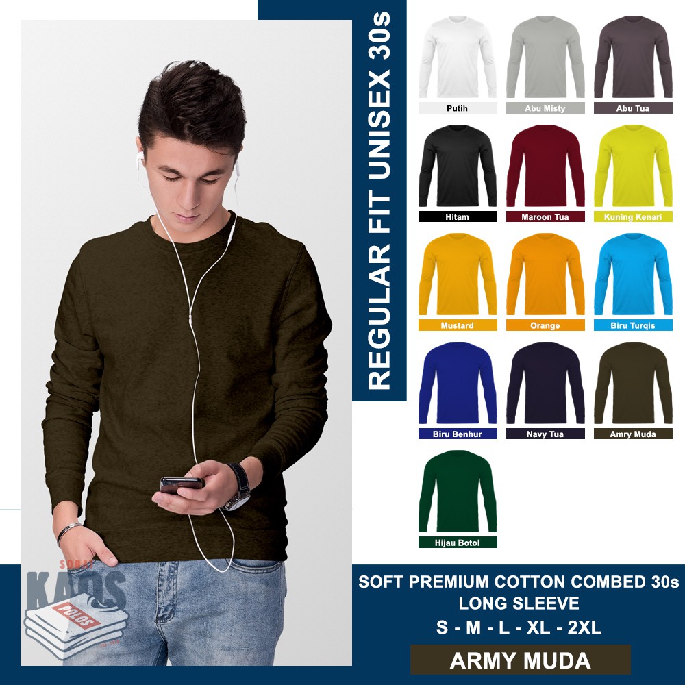 Jual KAOS POLOS LENGAN PANJANG COTTON COMBED 30s - WARNA ARMY MUDA ...