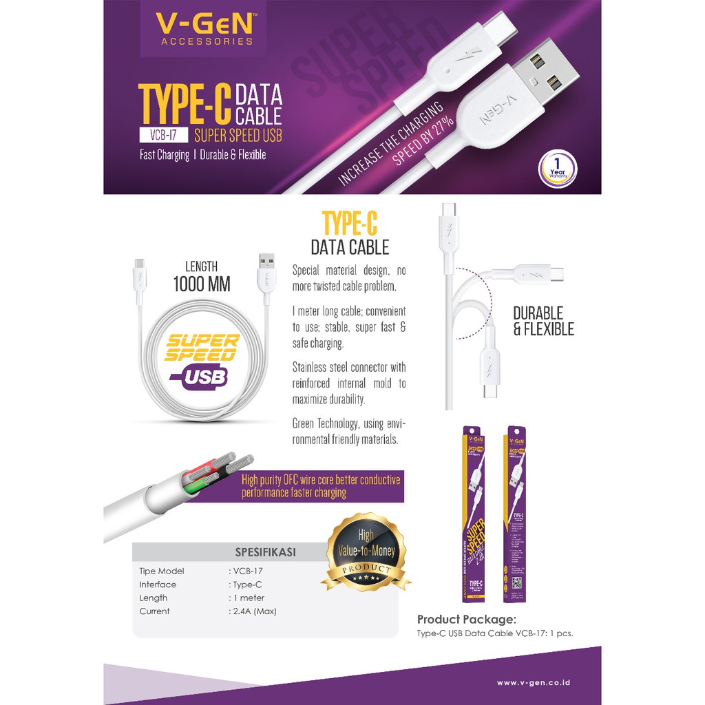 Jual Kabel Data USB Type C V-GeN VCB-17 Fast Charging Kabel VGEN 1 ...