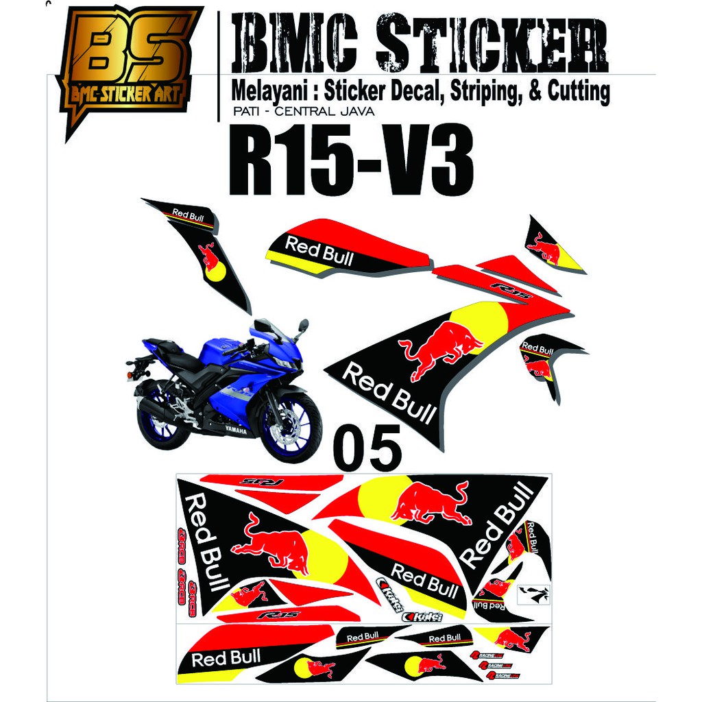 Jual Sticker Variasi Striping Yamaha R15 V3 / VVA desain Red Bull ...