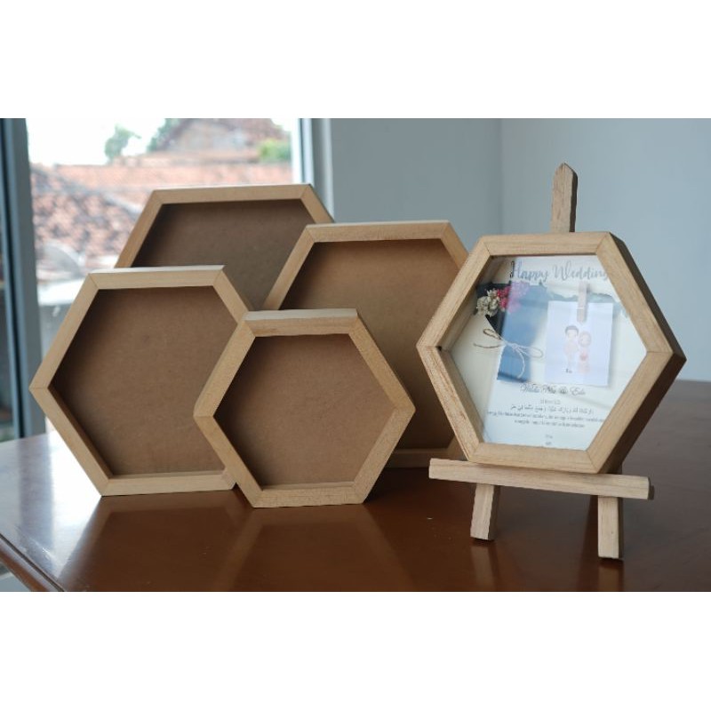 Jual Pigura Kayu 3D / Hexagonal /Bingkai kayu Diameter 20cm Kaca Acrylic Anti Pecah TERMURAH ...