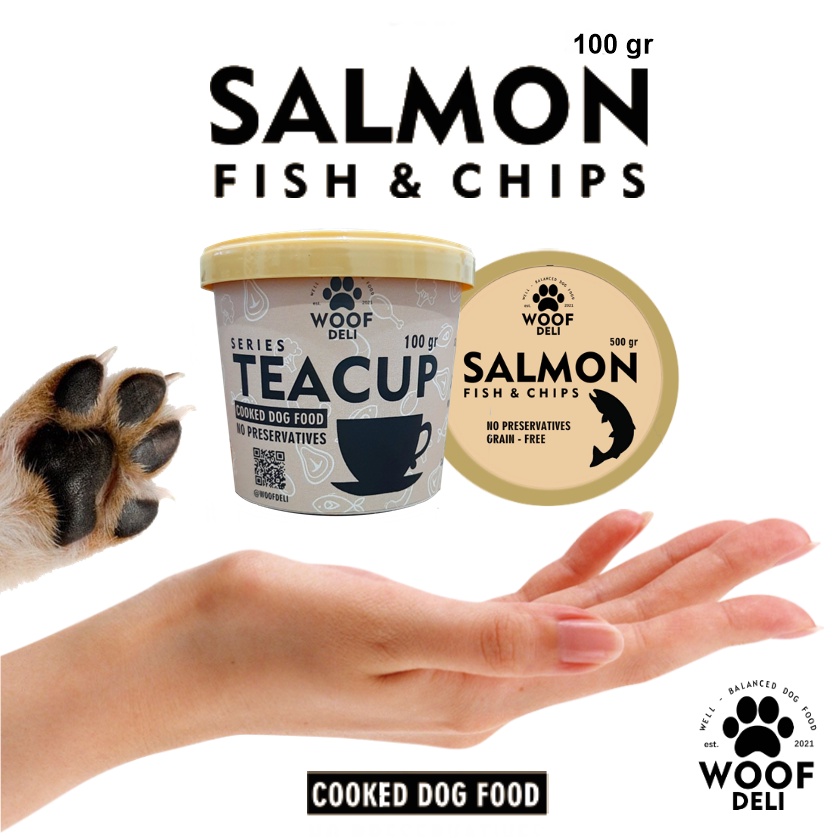 Jual Woof Deli Teacup Salmon Fish and Chips - Cooked Food for Dogs ...
