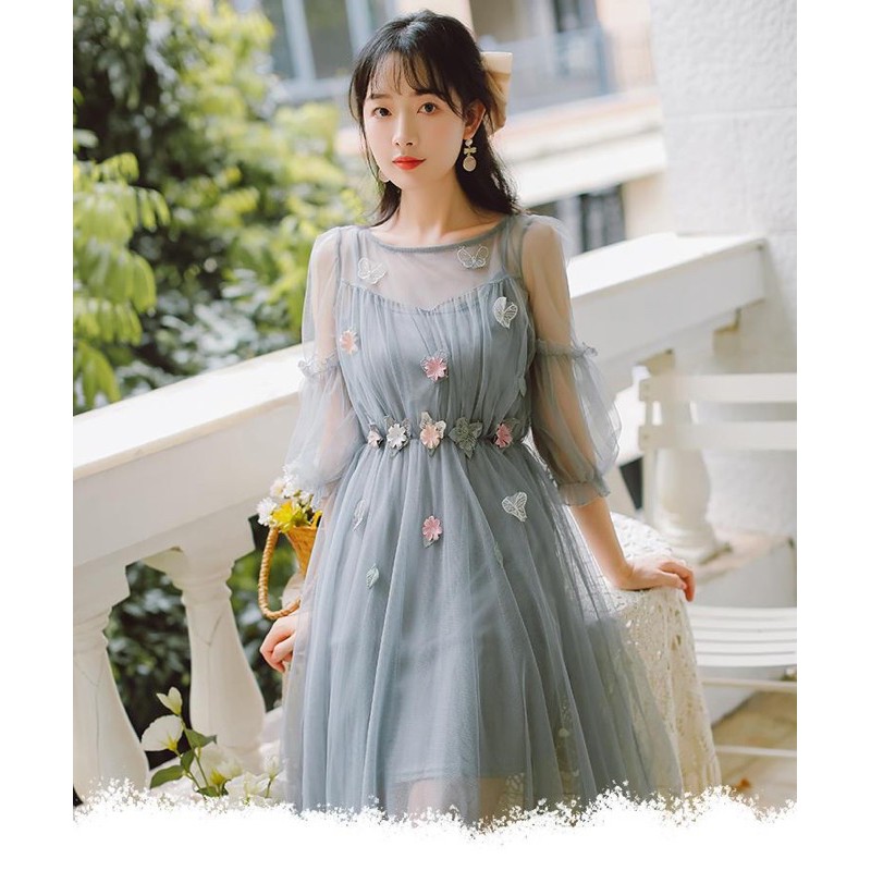 Jual Tiara Dress Korean Floral Tile Flare Sweet Holiday Outdoor Picnic ...