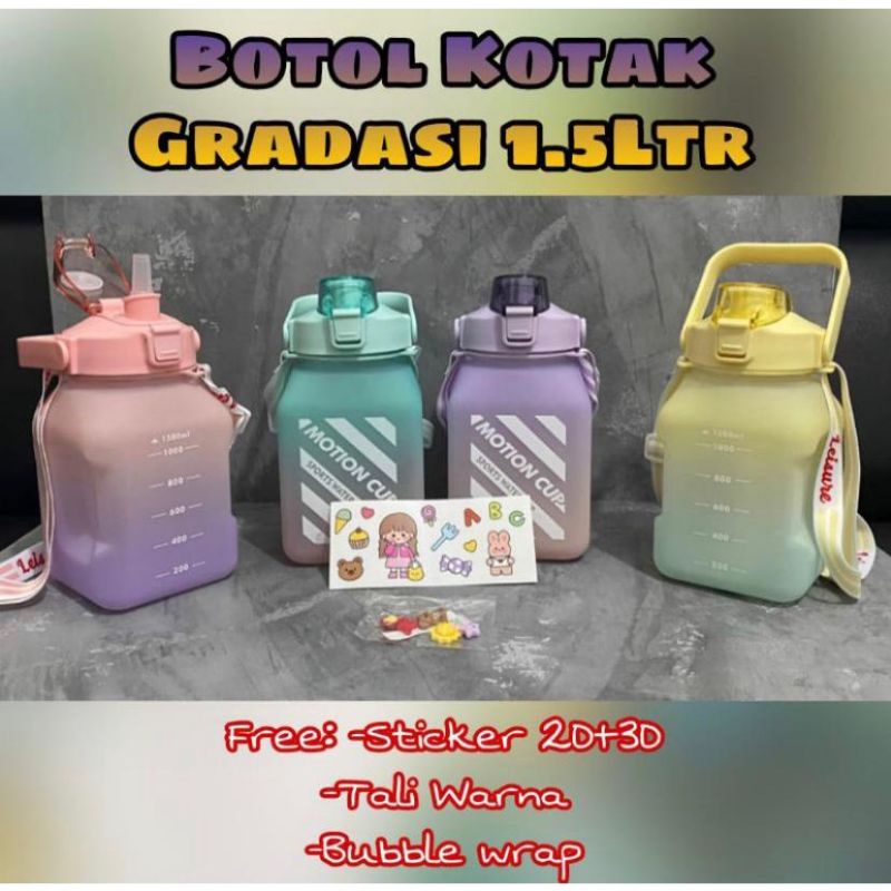 Jual Botol Air Minum Viral Gradasi Gemes Kotak 1500 Ml / Botol Pelangi ...