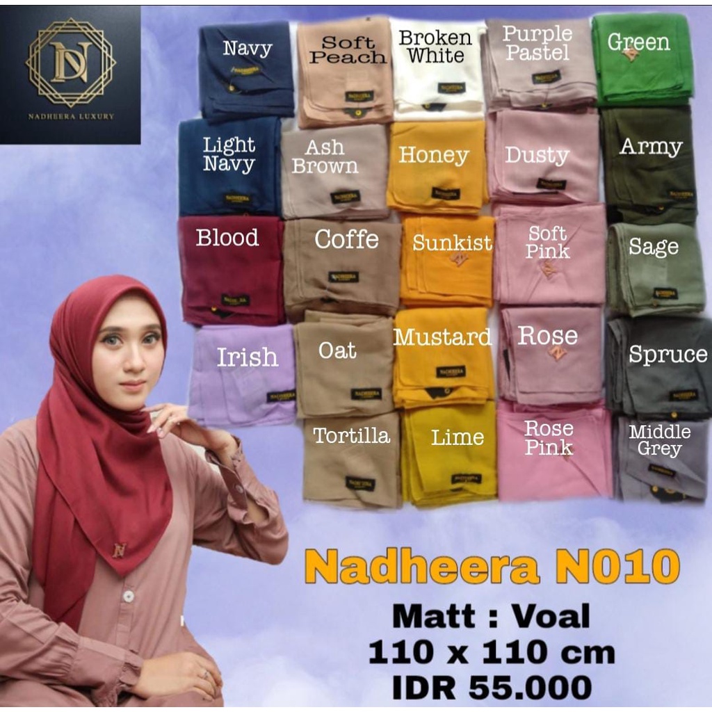 Jual Nadheera Luxury Hijab Jilbab segiempat bahan voal motif polos N10 / N 010 | Shopee Indonesia