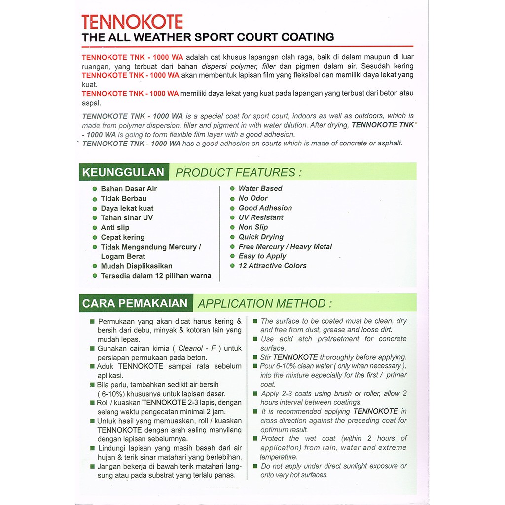 Jual CAT PROPAN TENNOKOTE 5 KG - CAT LAPANGAN OLAHRAGA WARNA SPECIAL ...