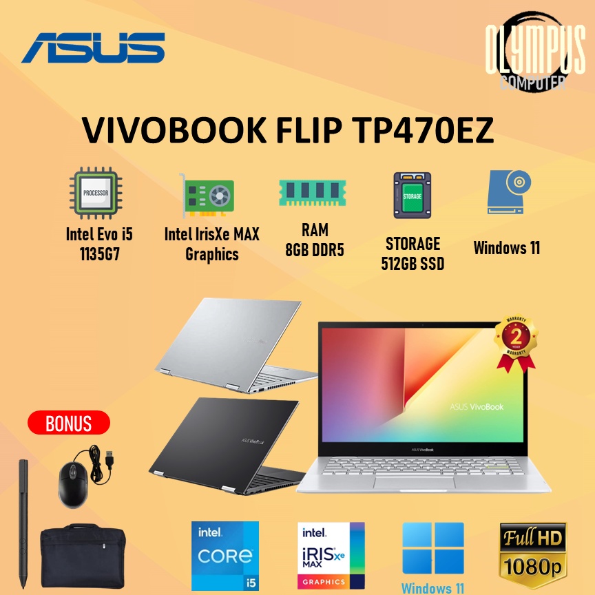 Jual Laptop Asus Vivobook Flip 14 TP470EZ i5 1135G7 8GB 512GB WIN11+OHS ...