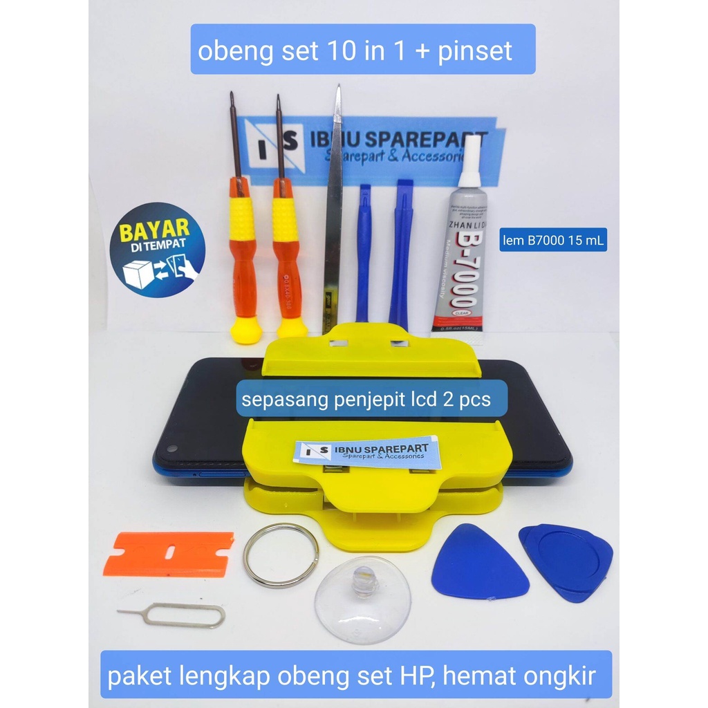 Jual Obeng set Hp 10 IN 1 + Penekan LCD LEBAR + LEM b7000 15 BENING 15 ML / LEM T7000 15 ML ...