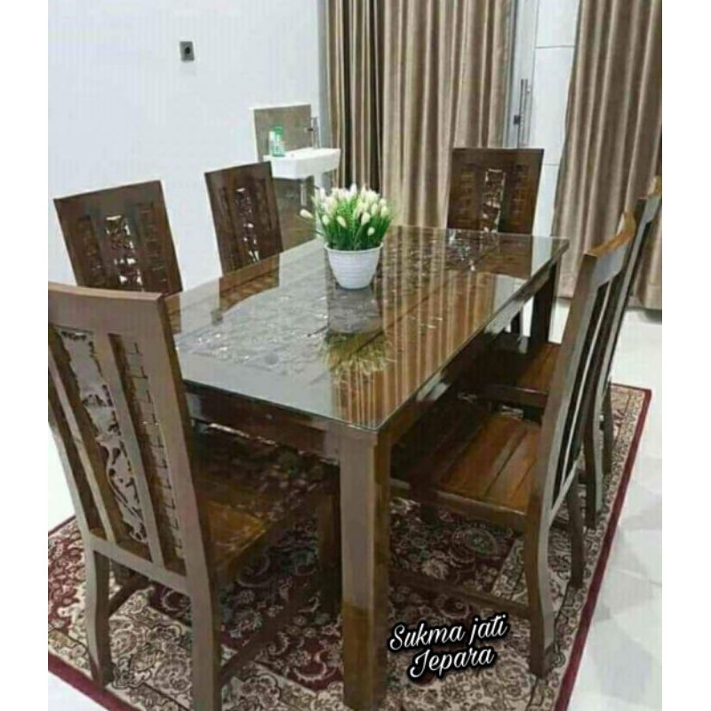Jual meja makan ukir kursi 6 kayu jati+kaca meja | Shopee Indonesia