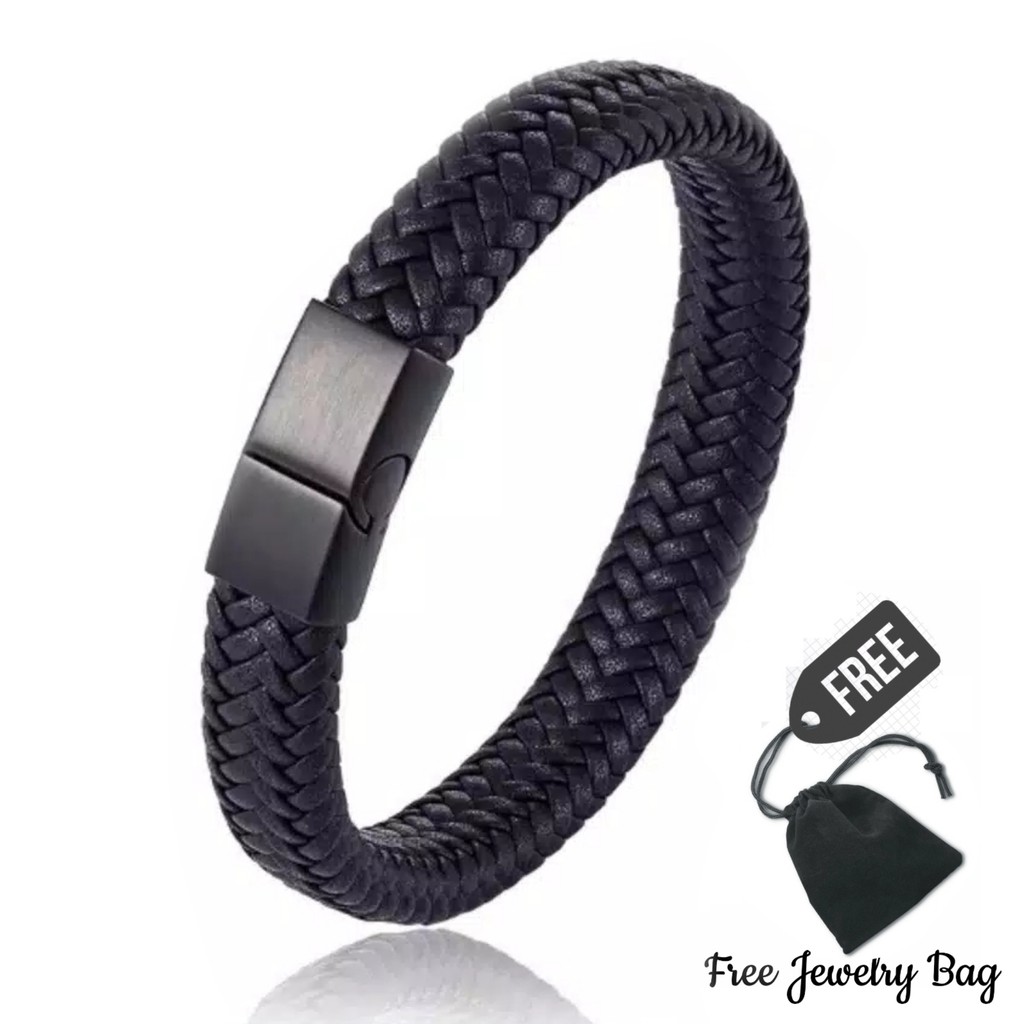 Jual Gelang Kulit Pria Hitam Stainless Steel Leather Bracelet Premium ...