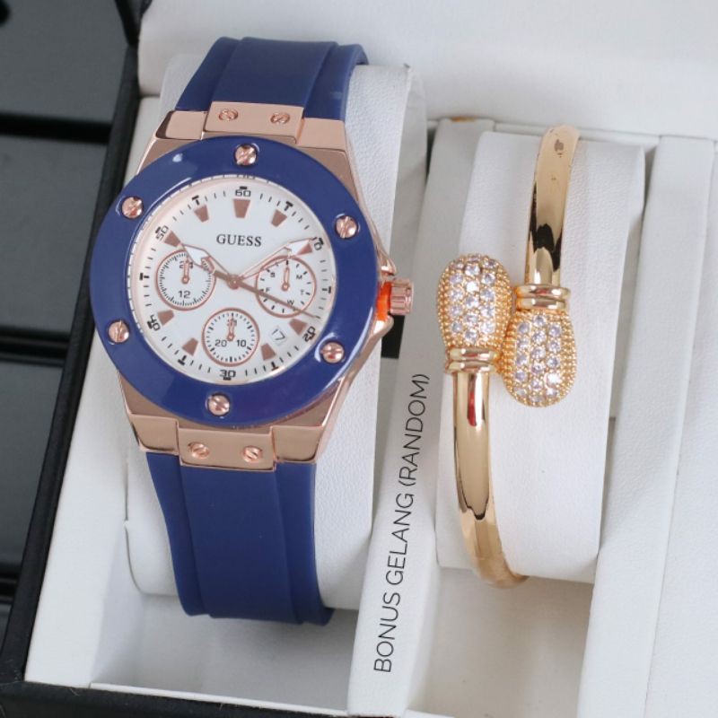 Jual JAM TANGAN WANITA GUESS RUBBER CRONO OFF TANGGAL AKTIF FREE GELANG ...