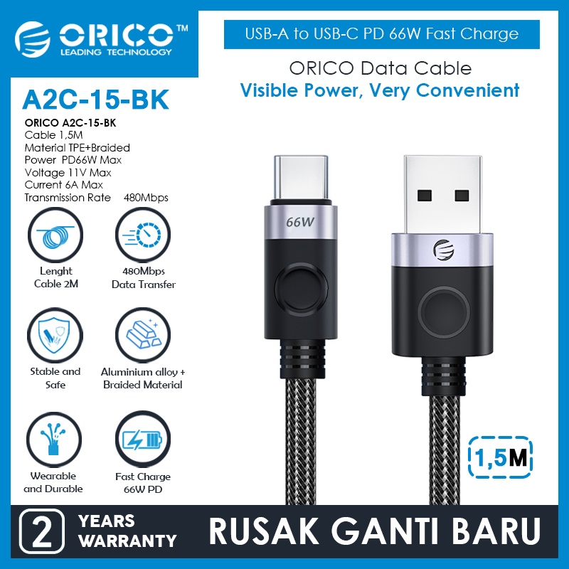 Jual ORICO USB-A to Type-C PD66W fast charging cable 150cm - A2C-15 ...