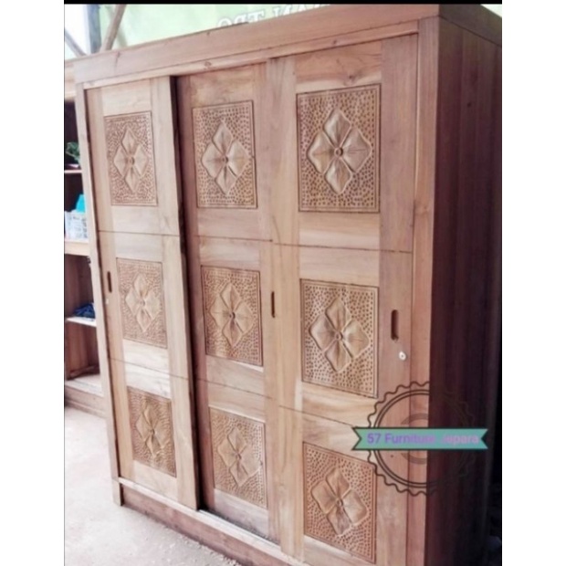Jual Lemari Pakaian 3 Pintu Sliding Kayu Jati - Almari Pintu Geser Ukir - Mentahan | Shopee ...