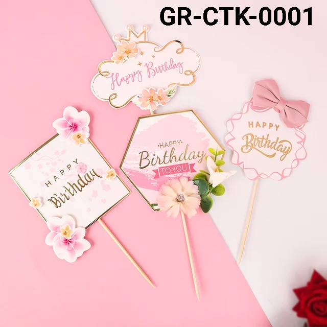 Jual GR-CTK-0001 Cake topper kertas happy birthday pink mahkota bunga ...
