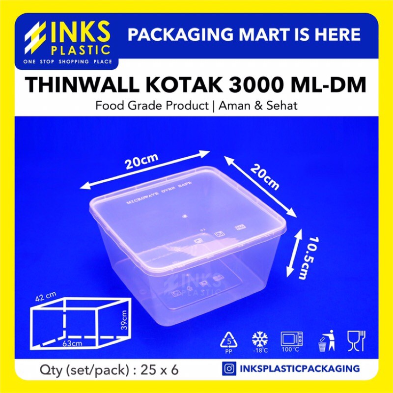 Jual Thinwall 3000ml Kotak Square Food Container Plastik 3000 Ml 150