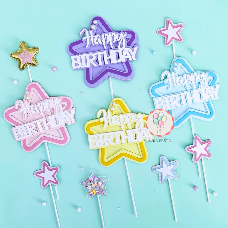 Jual CAKE TOPPER HBD MOTIF BINTANG PASTEL / TUSUKAN HIASAN KUE | Shopee ...