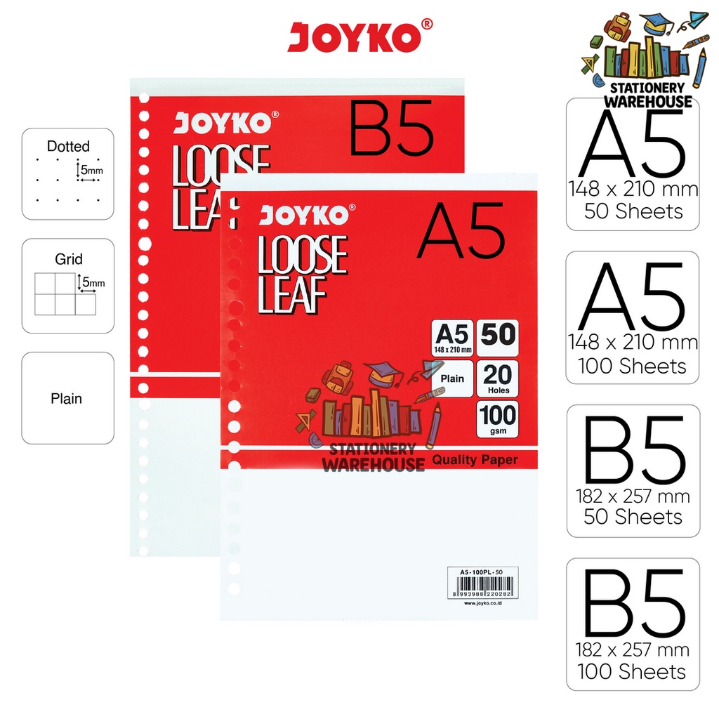 Jual Loose Leaf B5 50 lembar Grid Dotted Plain Kertas Isi File Binder Joyko | Shopee Indonesia