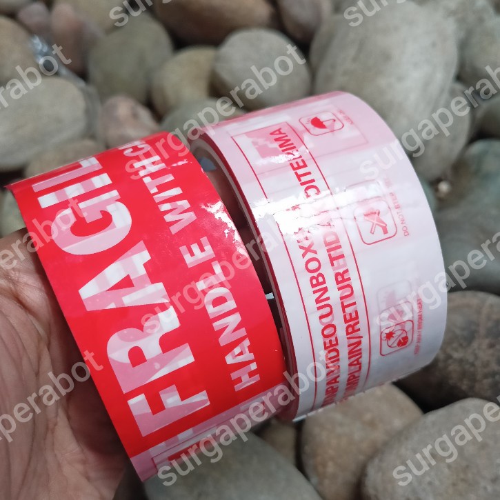 Jual Lakban Fragile Merah Putih Lengkap 45mm x 50Y / Solasi jangan ...