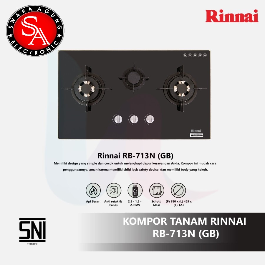 Jual Kompor Gas Tanam 3 Tungku Rinnai Type: RB-713N GB (Khusus Daerah Medan) | Shopee Indonesia