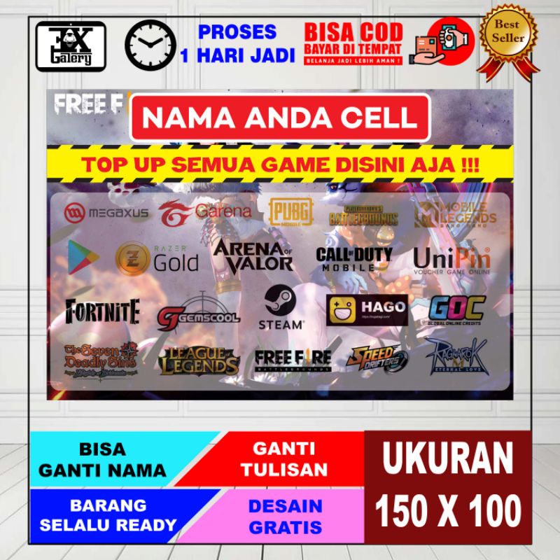 Jual spanduk banner konter game ukuran 150 X 100 bisa ganti nama dan ...