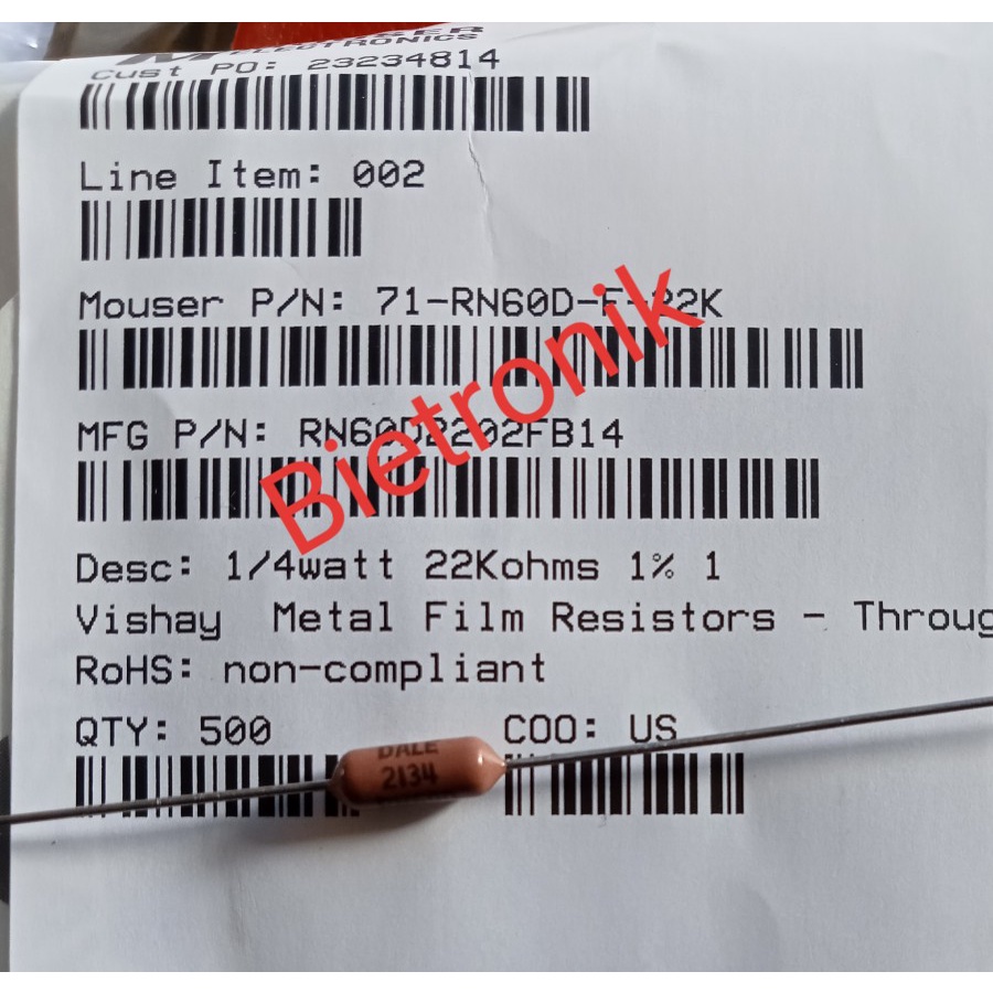 Jual Resistor 22K 22KOhm 1% 1/4W MF RN60D2202FB14 Original Vishay Dale ...