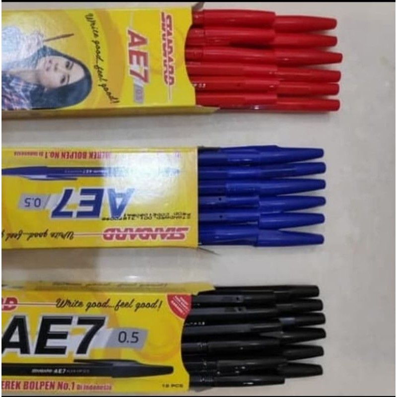 Jual 1 Lusin Pulpen Standard AE7 0.5 Hitam Biru Merah bolpen pen pena | Shopee Indonesia