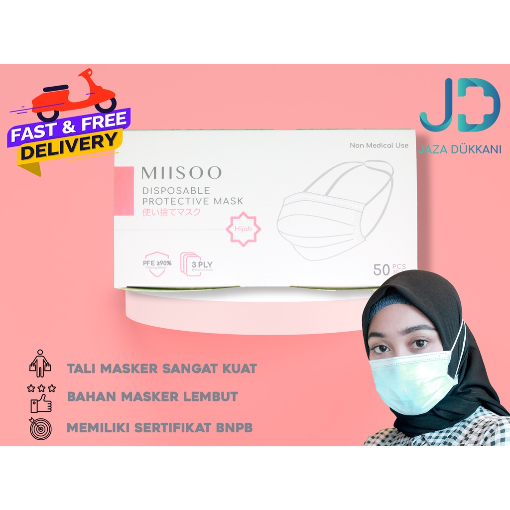 Jual Masker Hijab Korea Miisoo 3ply Headloop Disposable mask isi 50pcs ...