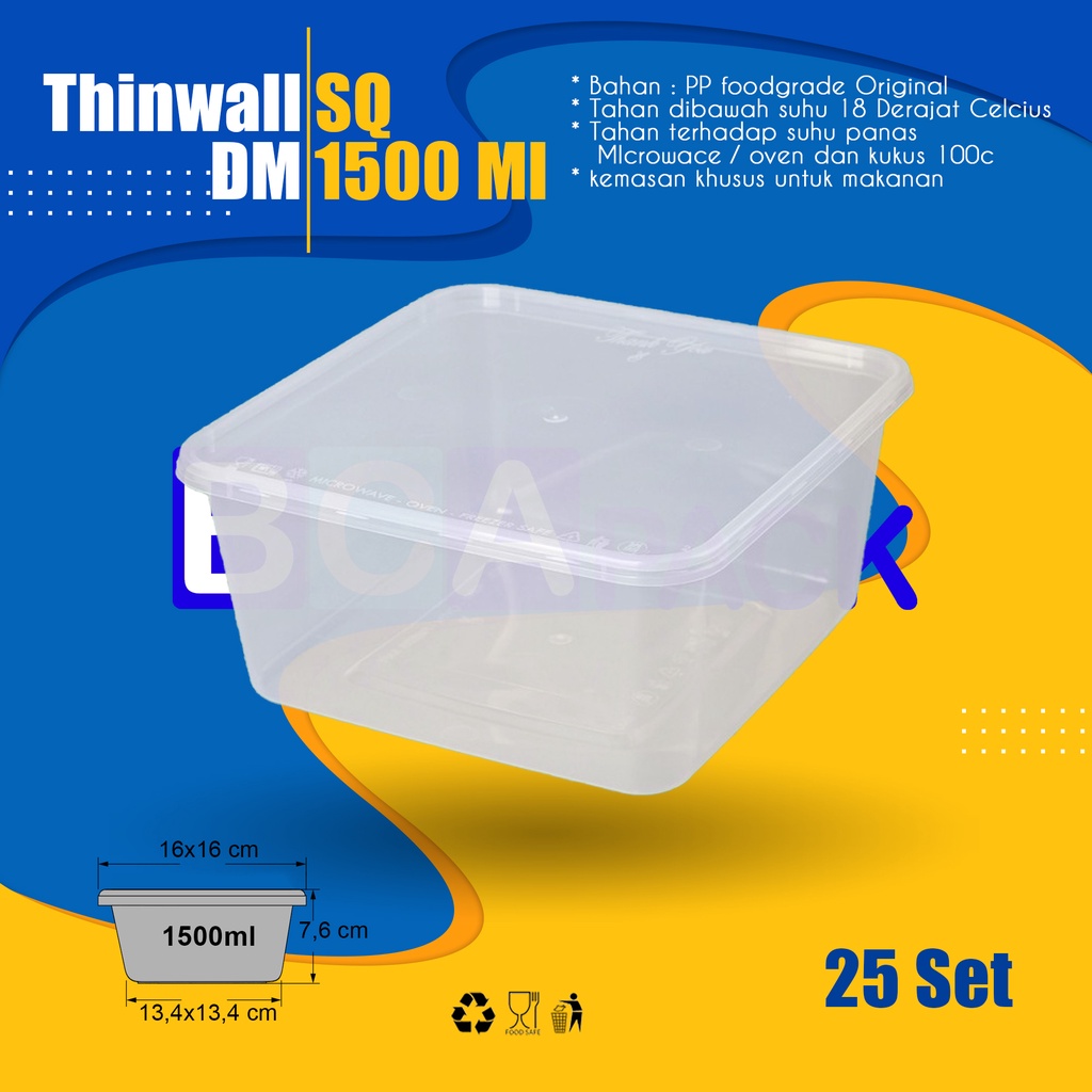 Jual Thinwall Persegi 1500ml Isi 25 Pcs Kotak Makan Anti Panas Food