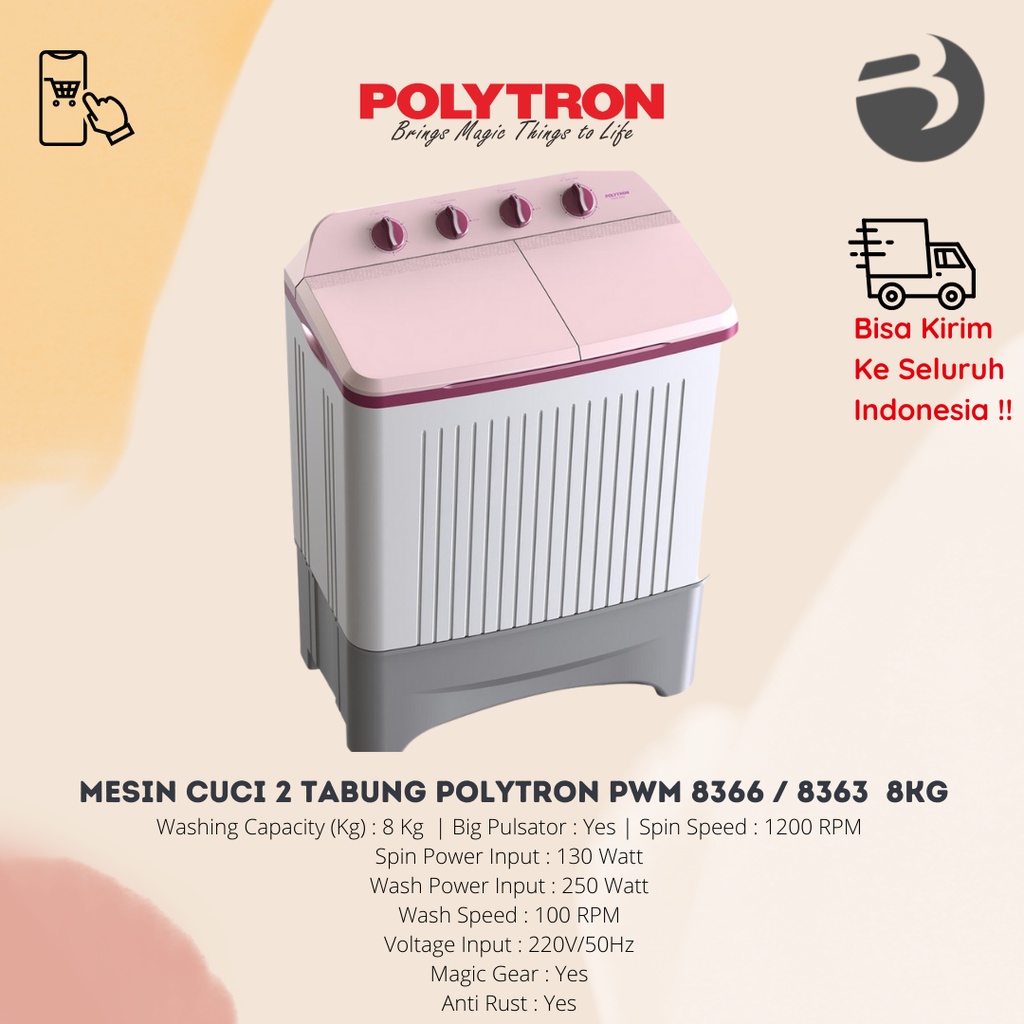 Jual MESIN CUCI 2 TABUNG POLYTRON PWM 8073 B/P PWM 8073 DB/DG KAPASITAS ...