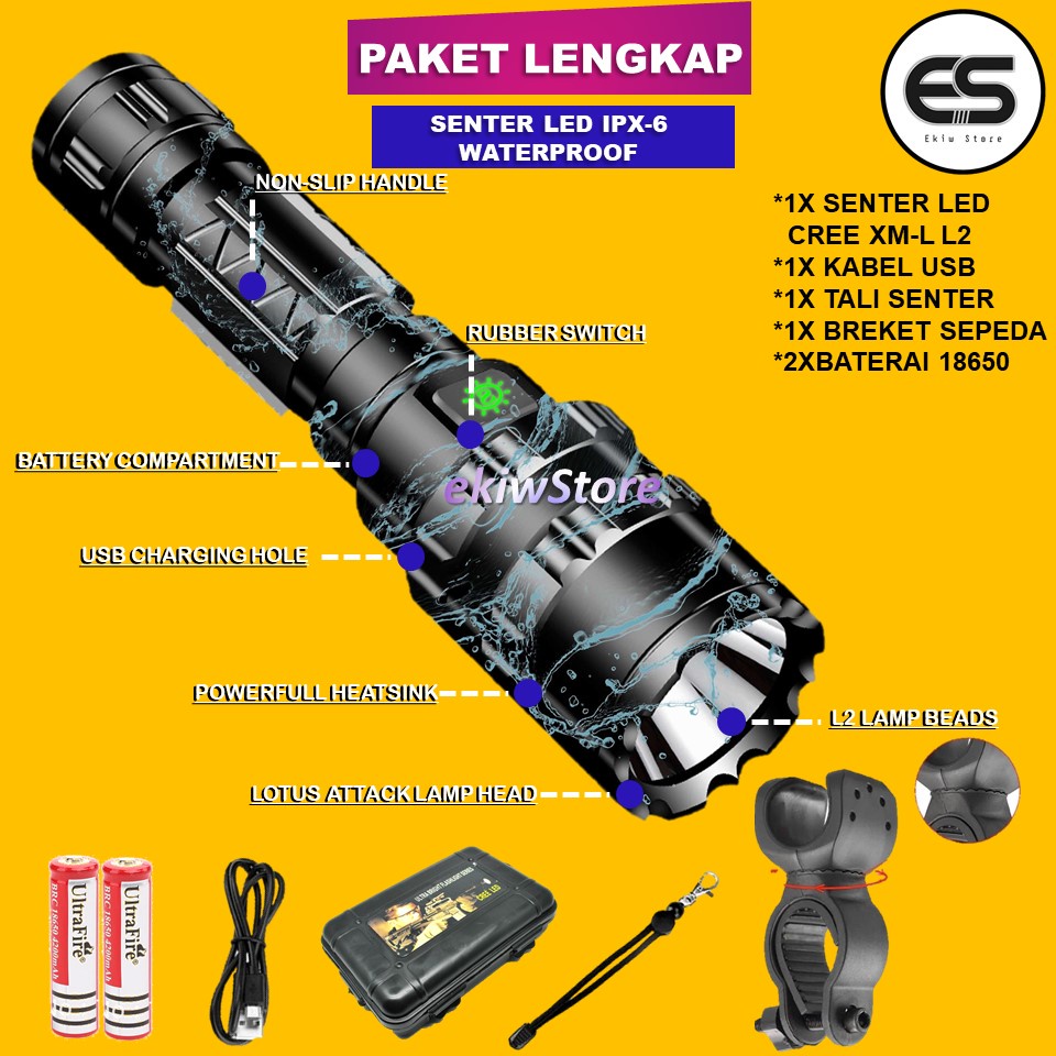 Jual PAKET LENGKAP Senter LED Torch Hunting Cree XM-L L2 65000 Lumens ...