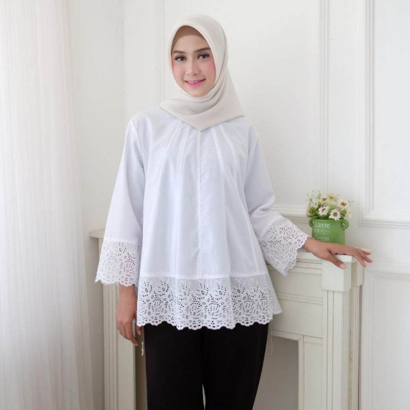 Jual Vanie blouse atasan wanita putih kerja wanita kombinasi renda ...