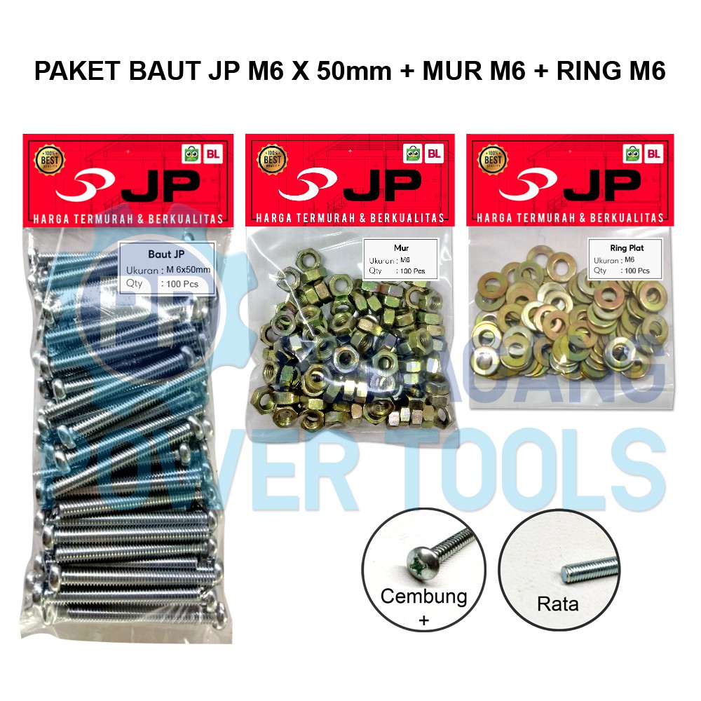 Jual PAKET 3 SET JP M 6x50 BAUT MUR RING PLAT M 6 x 50 MUR M6 ISI 100 PCS | Shopee Indonesia