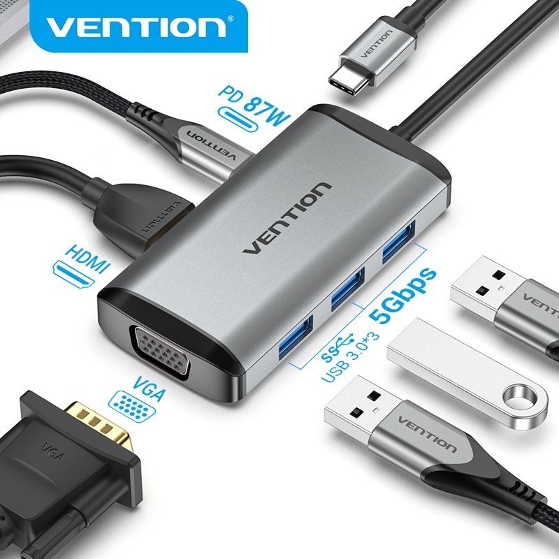 Jual Vention USB Type C Hub 6 in 1 Docking Station USB 3.0/HDMI/VGA/PD | Shopee Indonesia