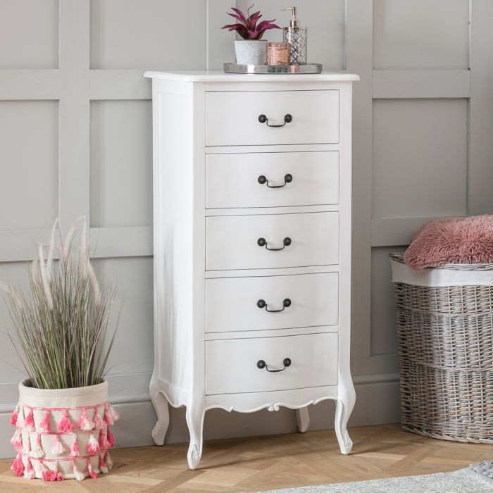 Jual French Chateau White Painted 5 Drawer Tallboy - Nakas Meja Samping ...