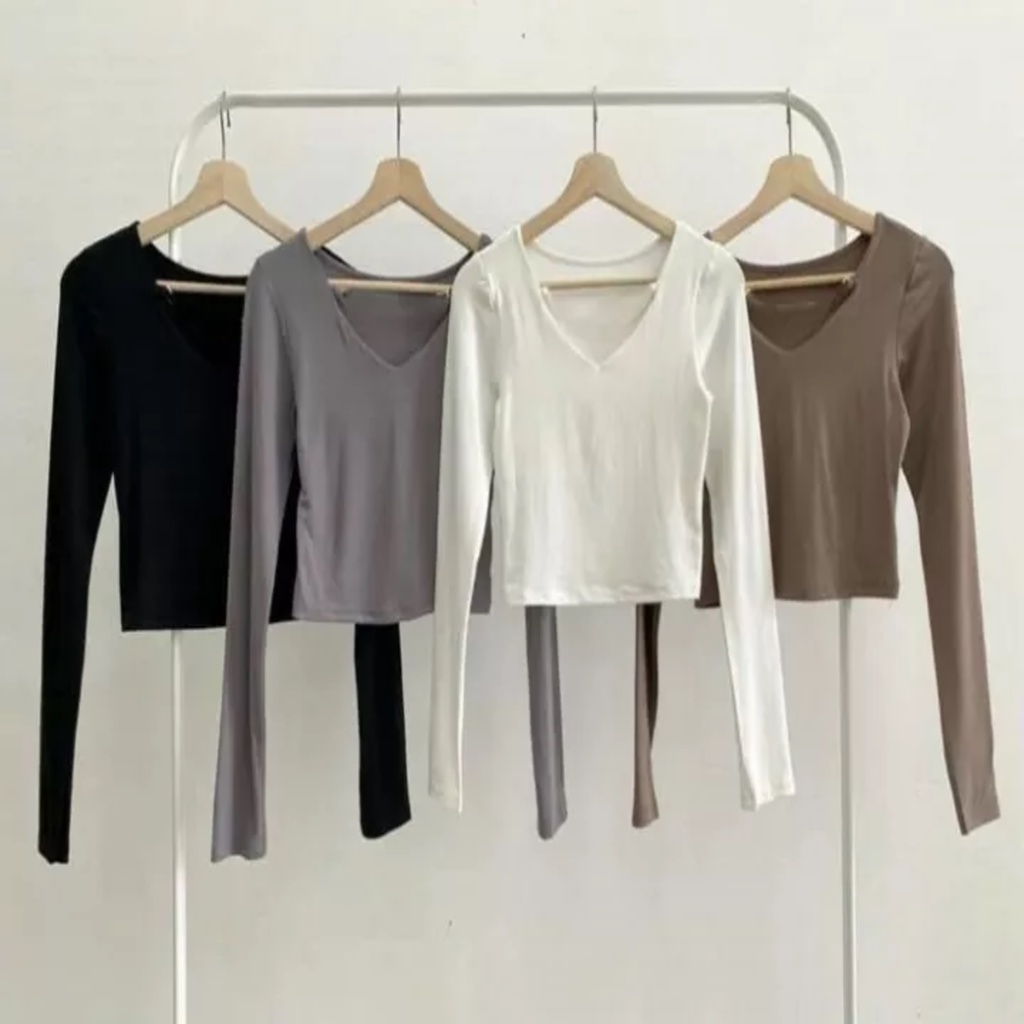 Jual FC - CROPTEE BAJU CROP KOREA LEHER V LENGAN PANJANG | Shopee Indonesia