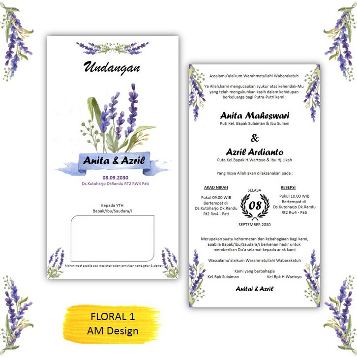 Jual Cetak Undangan Pernikahan Satu Lembar Bolak Balik Desain Floral ...