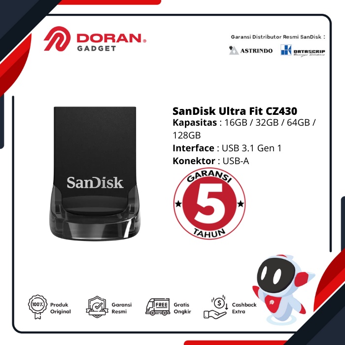 Jual Flashdisk Flash Disk 16GB 32GB 64GB 128GB | 16 32 64 128 GB Sandisk Ultra Fit CZ430 ...