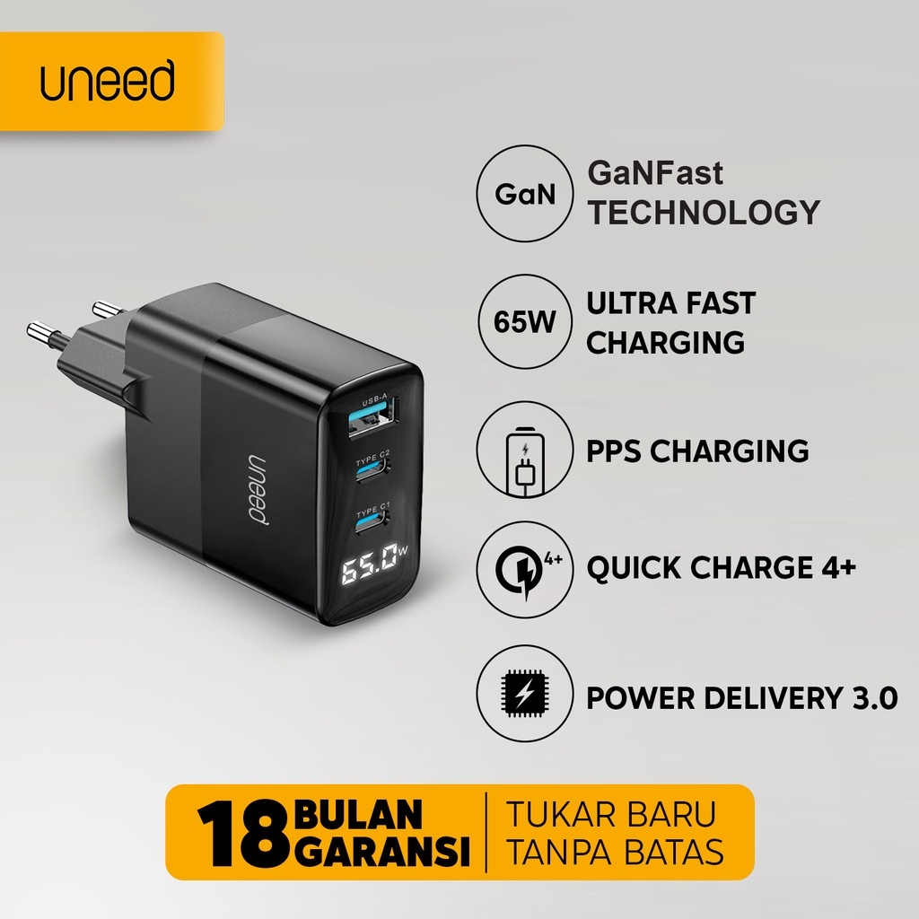 Jual UNEED GaN Charger 65W with Display QC 4.0 3.0 PD 3.0 AFC FCP - UCH423 | Shopee Indonesia