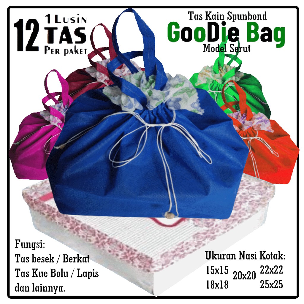 Jual 1 Lusin isi 12pcs Tas Serut Kain Spunbond Goodie Bag Polos Ukuran 15x15 18x18 20x20 22x22 ...