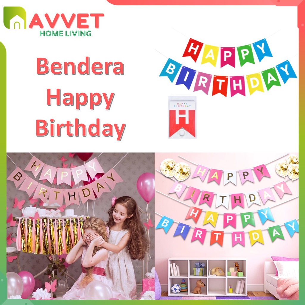 Jual AVVET Banner Happy Birthday Warna Warni Backdrop Pesta Bendera ...