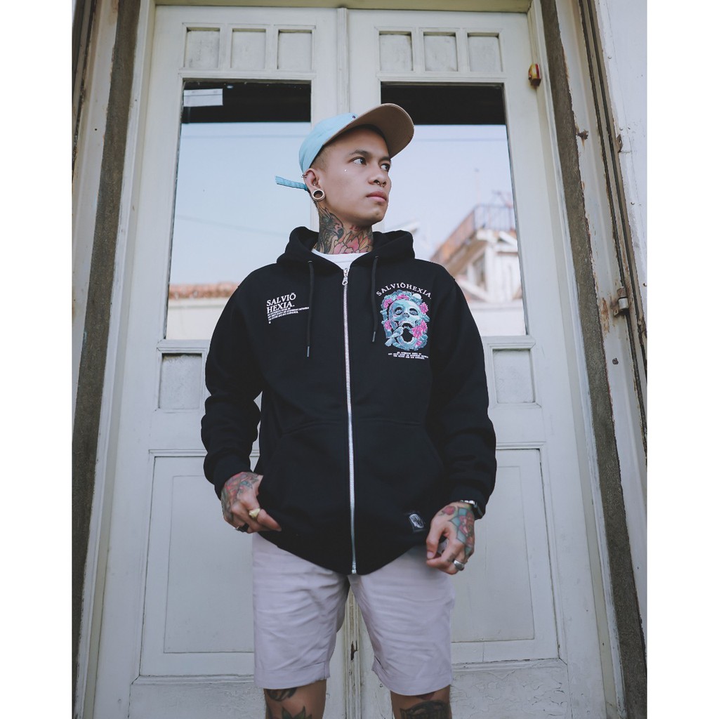 Jual Jaket Hoodie Zipper Hitam Skull Flowers Salvio Hexia Flece Cotton ...