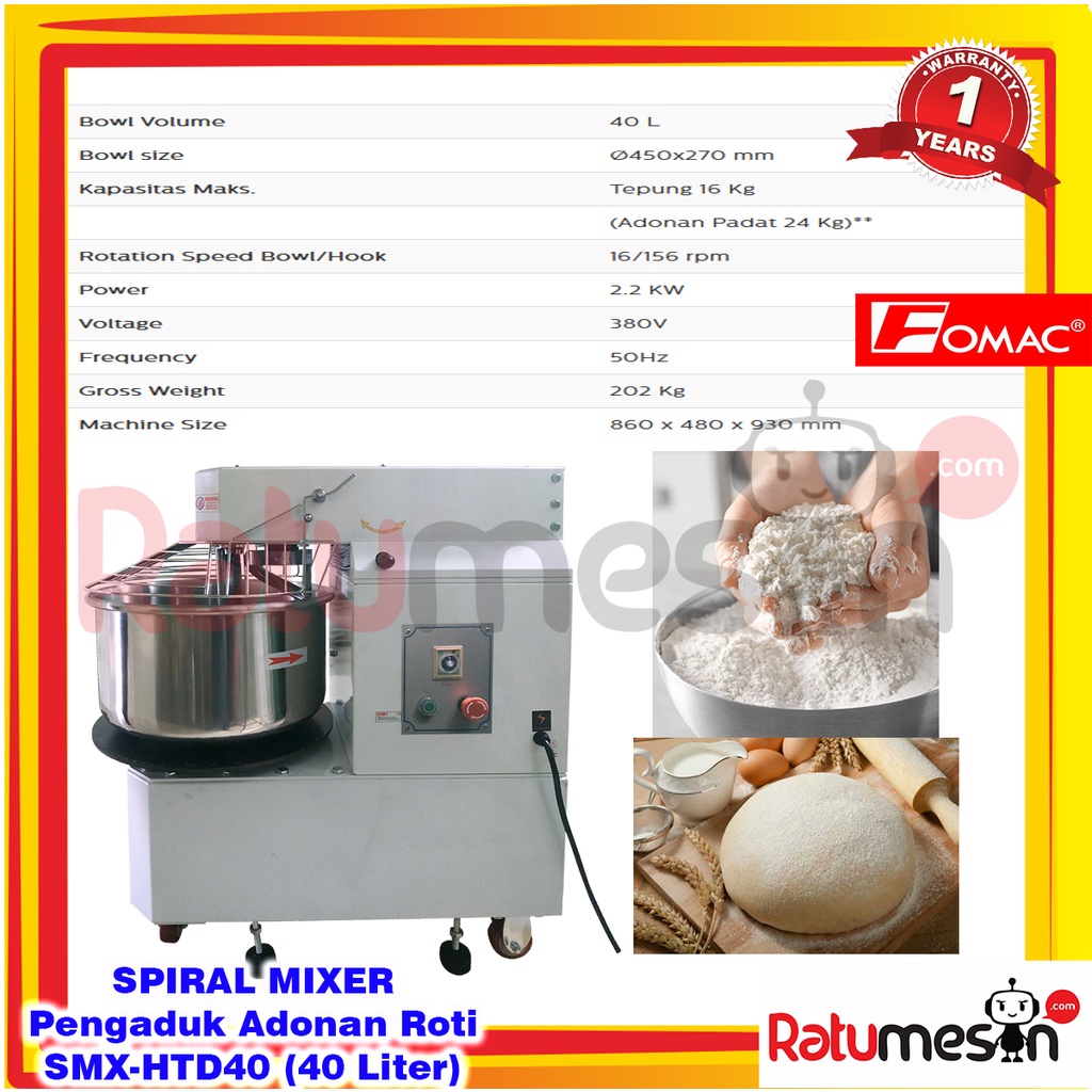 Jual Spiral Mixer / Mesin Pengaduk Adonan Roti/Kue 40 Liter SMX-HTD40 ...
