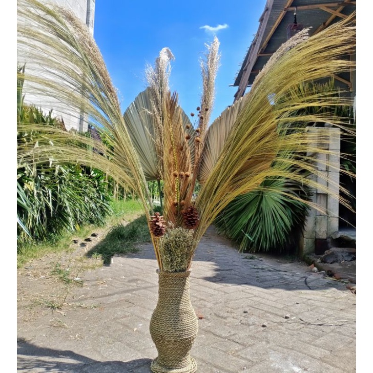 Jual Bunga Rustic+Pot Guci Mendong+Daun Palem Kering+Pampas | Shopee ...