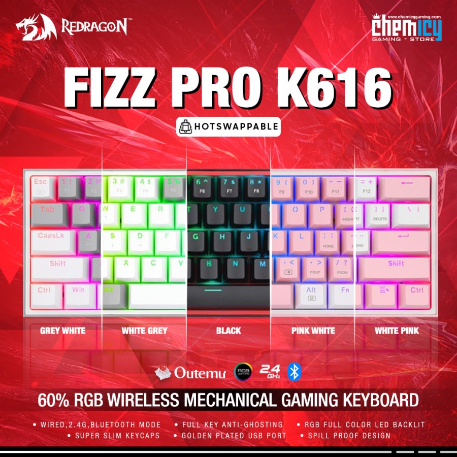 Jual Redragon K616 Fizz Pro 60% Hotswap Wireless Mechanical Gaming ...