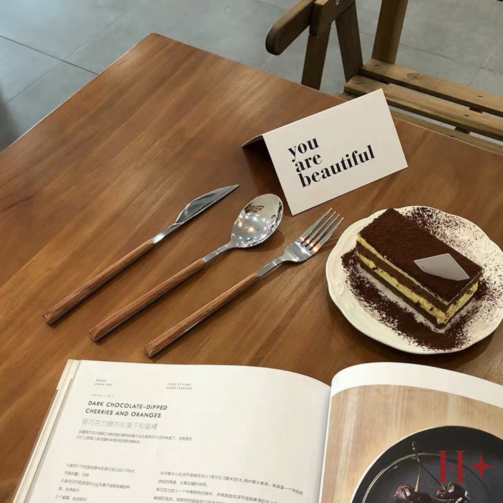 Jual H Mensa Alat Makan Sendok Garpu Pisau Korea Stainless Steel Kayu Korean Wood Grain Cutlery ...